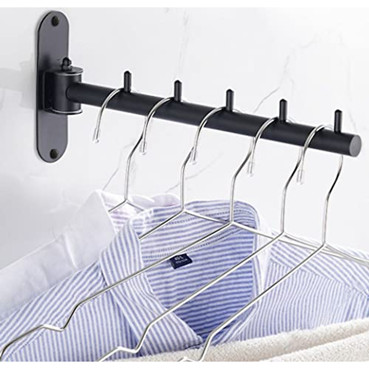 Folding Wall Mounted Clothes Hanger Rack with Swing Arm, Clothes Hanger Rack for Laundry Room Valet Hook, Foldable 180°Rotation, Stainless Steel 304 Folding Clothes Hanger Drying Rack Rod (Black)