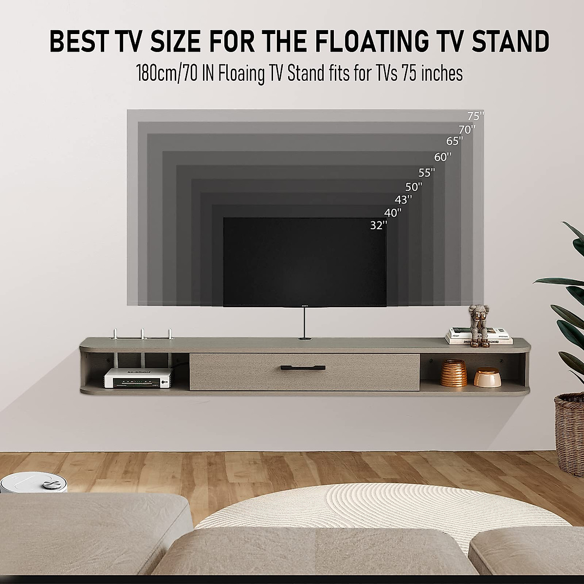 Pmnianhua Floating TV Stand,70'' Wall Mounted Floating TV Shelf for TVs up to 75 inches, Floating TV Wall Unit with Shelves for Gaming Consoles Small Spaces Apartments,Bedrooms (Light Grey Oak)