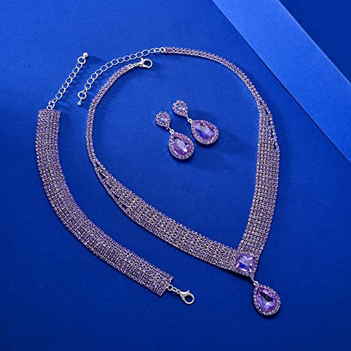 M MIRACULOUS GARDEN 3 Pack Women Rhinestone Crystal Necklace Bangle Bracelet Teardrop Dangle Earrings Jewelry Set for Wedding Party