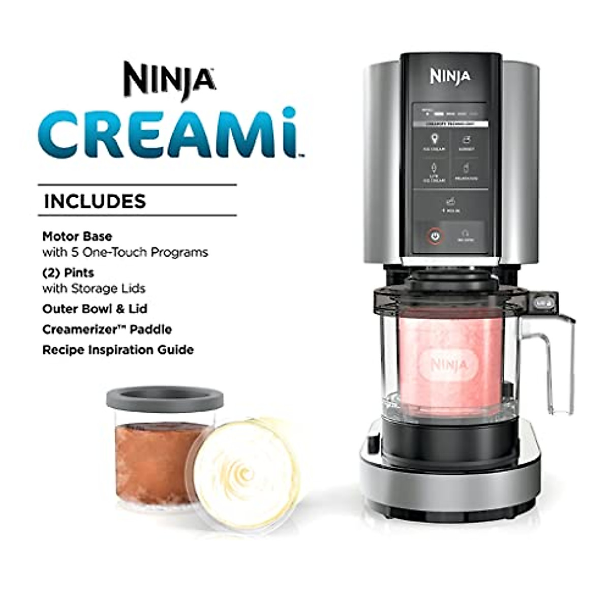 Ninja NC300 CREAMi Ice Cream Maker, for Gelato, Mix-ins, Milkshakes, Sorbet, Smoothie Bowls & More, 5 One-Touch Programs, with (2) Pint Containers & Lids, Compact Size, Perfect for Kids, Silver, 6x12