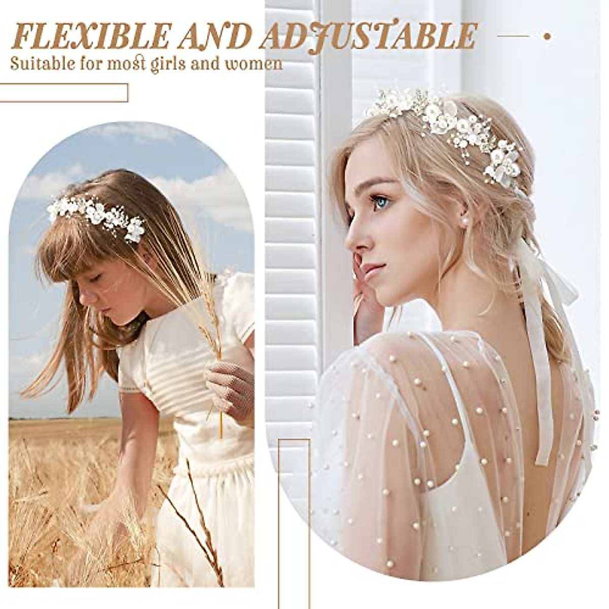 Yinder 3 Pcs Flower Headpiece Hair Accessories for Wedding Flower Headband Flower Crown Floral Tiara Rhinestone Pearl Headband for First Communion Prom(Silver)