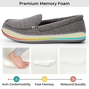 EverFoams Women's Lightweight Indoor Outdoor Memory Foam House Shoes, Comfy Breathable Waffle Knitted Moccasins Loafer Slippers Grey, 7 US