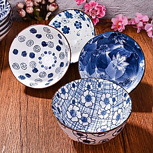 LMRLCS Ceramic Rice Bowls, 4.5 inch Rice Bowl, White and Blue Rice Bowls for Soup Oat Rice Snack