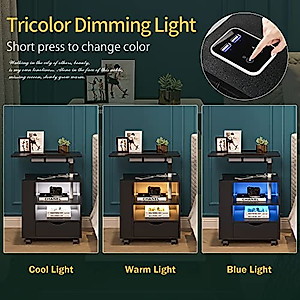 HNEBC Auto LED Nightstand with 2 USB Charging Station,Black Nightstand Has Adjustable Rotary Table, Bedside Tables with One Drawer and 2 Mezzanines/Infrared Induction 3 Color Lighting(On The Left)