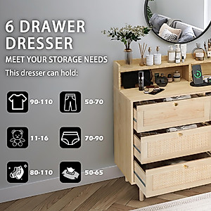 FUQARHY Rattan Dresser for Bedroom with Shelves, Modern 6 Drawer Double Dresser with Charging Station, Wood Chest of Drawers for Bedroom, Living Room, Hallway (Natural)