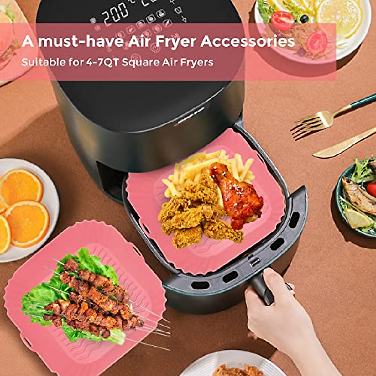 Air Fryer Silicone Liners, 8'' Square 4 to 8 QT Food Grade Heat Resistant Reusable Airfryer Silicone Liners Inserts Baskets Accessories with Mitts for Instant Vortex COSORI Air Fryer Oven Microwave