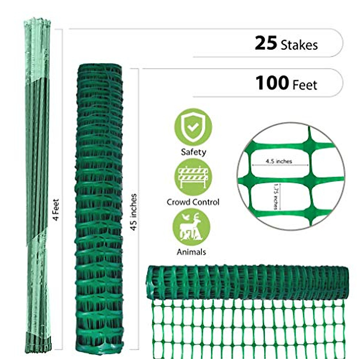 Safety Fence + 25 Steel Plant Stakes, Extra Strength Mesh Snow Fencing, Temporary Green Plastic Garden Netting 4x100 Feet Fence & 25, 4 Foot Stakes, Above Ground Barrier for Construction Dogs Plants