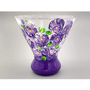 Purple Flower Hand Painted Martini Glass - Sparkly Purple, Pretty Flowers Stemless Cocktail Glass