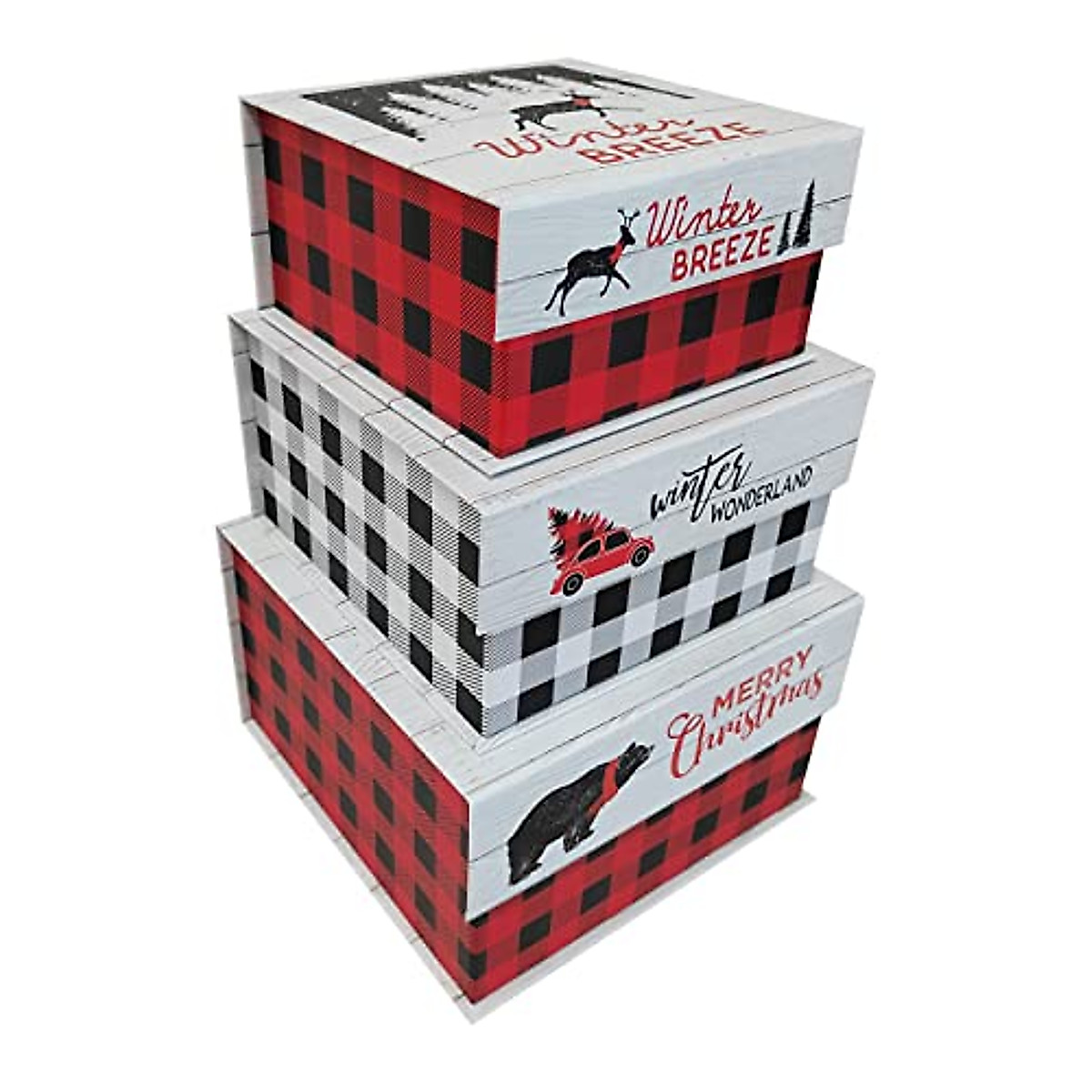 VOTUM Set of 3 Nesting Holiday Storage Boxes - Decorative Treasure Chest Stackable Paperboard Containers with Fitted Lids and Seasonal Sayings - Mountain Holiday