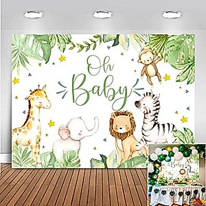 Mocsicka Boy Safari Baby Shower Backdrop Oh Baby Jungle Animals Photography Background Vinyl Zoo Animal Green Leaves Photo Booth Banner Supplies (7x5ft)