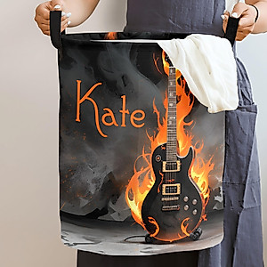 Personalized Laundry Basket Burning Guitar Custom Laundry Hamper Collapsible Clothe Storage Baskets with Knitting Handle