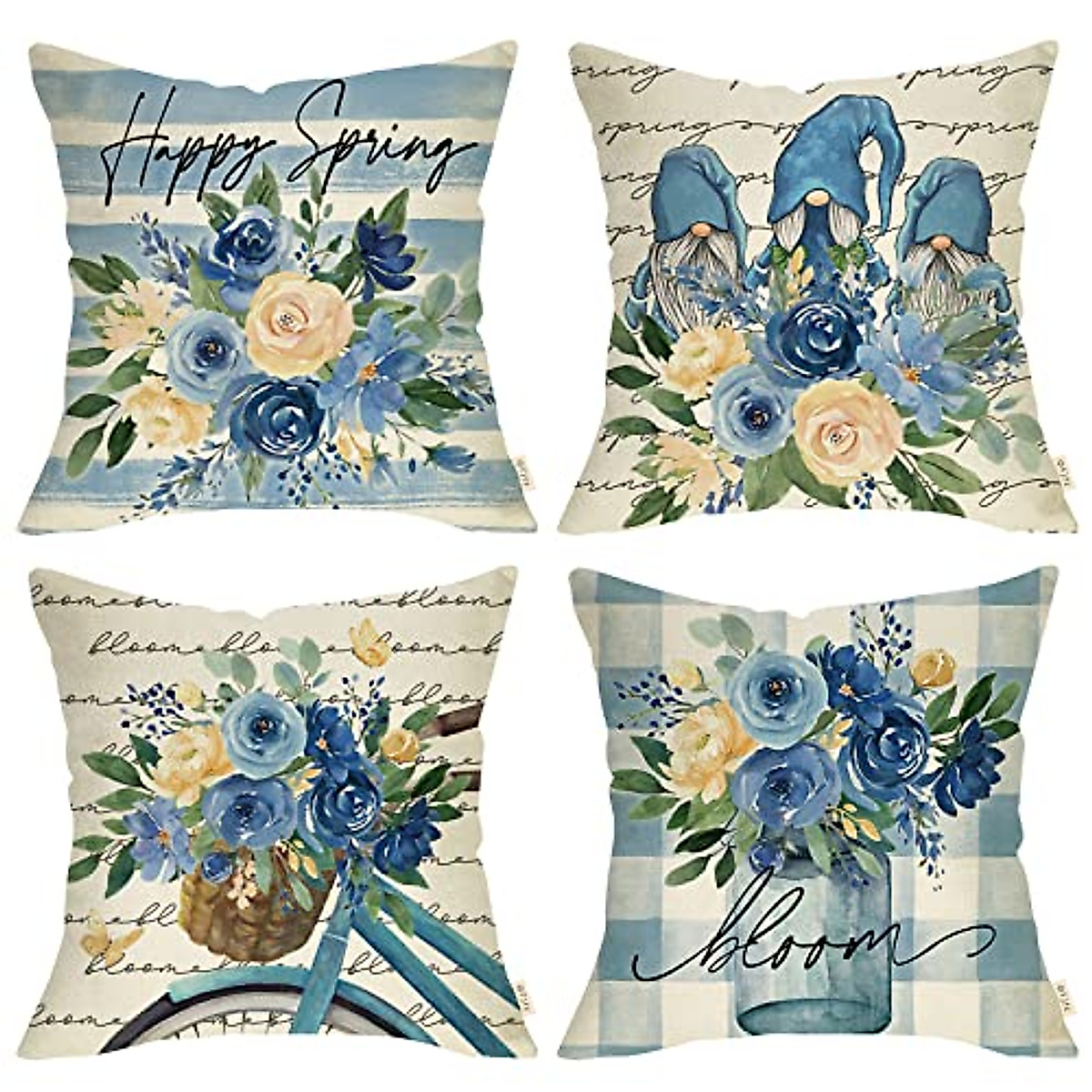Fjfz Happy Spring Blue Flower Gnome Decorative Throw Pillow Cover 18 x 18 Set of 4, Floral Rose Buffalo Plaid Porch Patio Outdoor Home Decor, Bloom Stripes Bike Seasonal Farmhouse Couch Cushion Case