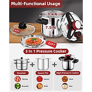 3-In-1 304 Stainless Steel Pressure Cooker 8 QT: [Explosion-Proof] [3 PSI Settings], One-Hand Locking, Induction Compatible, Glass Lid & Steamer Rack Included, Olla de Presion