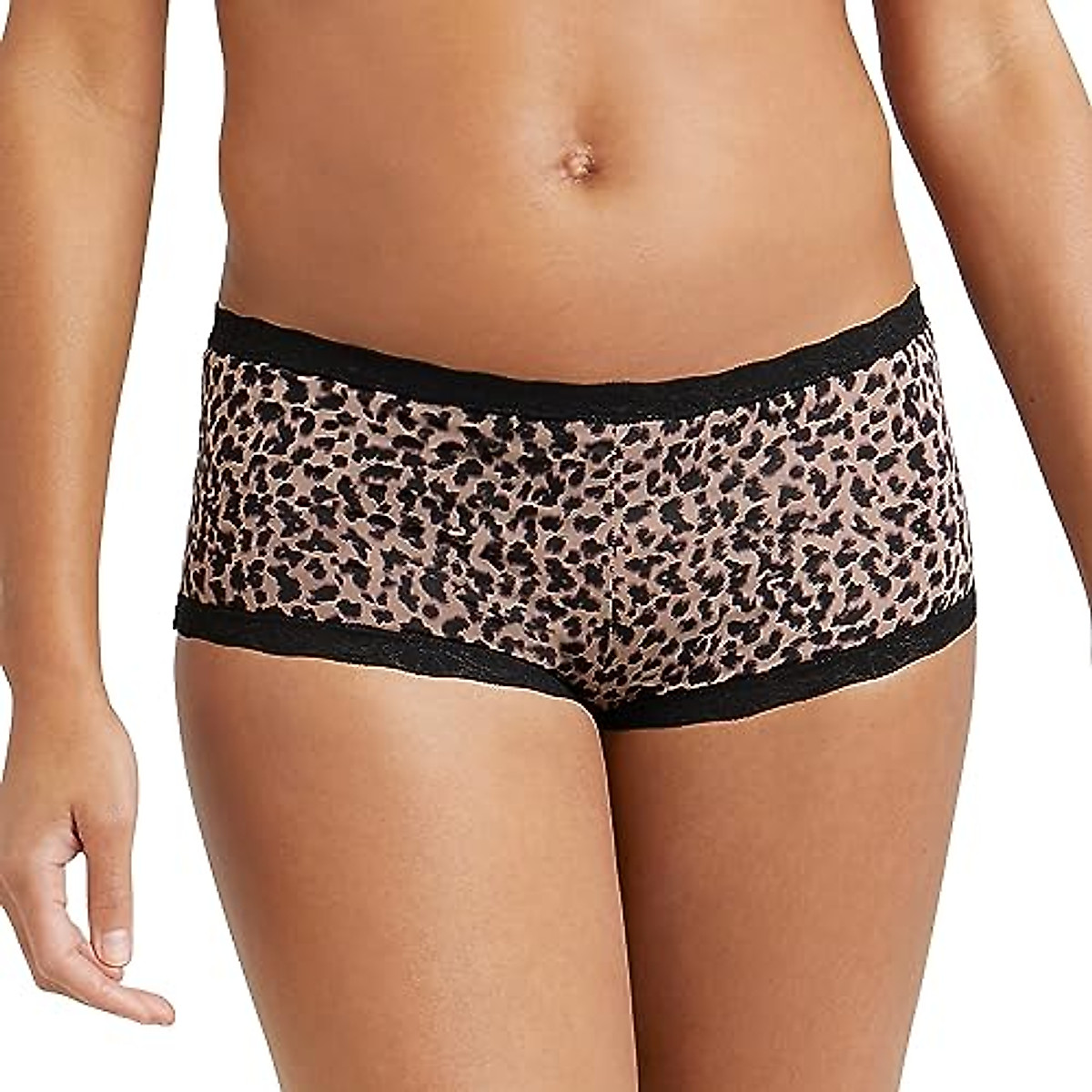 Maidenform Women's Underwear, Microfiber with Lace Boyshort Panties, One Fab Fit, 3-Pack, Sandshell/Sandshell/Iced Mocha Leo Print