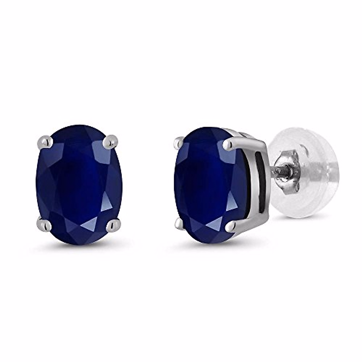 Gem Stone King 14K White Gold Blue Sapphire Stud Basket Setting Earrings For Women (2.04 Cttw, Gemstone September Birthstone, Oval 7X5MM)
