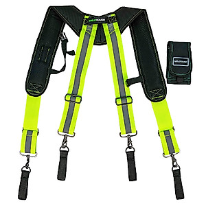 MELOTOUGH Reflective Safety Suspenders Tool Belt Suspenders Construction Work Suspenders with detachable phone holder comfortable foam shoulder padder (Lime)