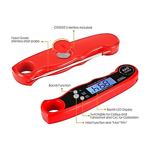 GordonChann Instant Read Meat Thermometer Waterproof Thermometer with Large Backlit LCD Calibration and Backlight Functions Thermometer for BBQ. Meat. Tea. Milk. Soup. (red)