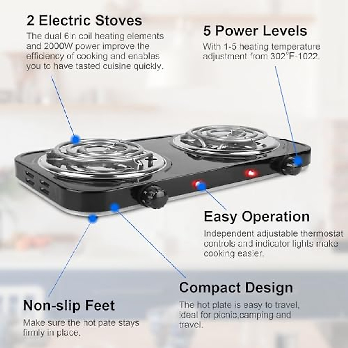 KOCASO Double Countertop Single Burner Electric Stove, 2000W Portable Coil Heating Hot Plate RV Hot Plate, with Non Slip Rubber Feet + 5 Temperature Adjustments, w/ 35in Plug Cord, Black