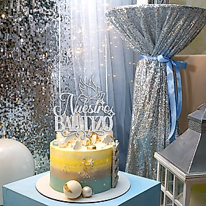 Nuestro Bautizo Cake Topper, Spanish First Holy Communion Christening Baptism Day Decor, Bridal Shower/Wedding/Baptism/Baby Shower Party Decorations, Silver Glitter
