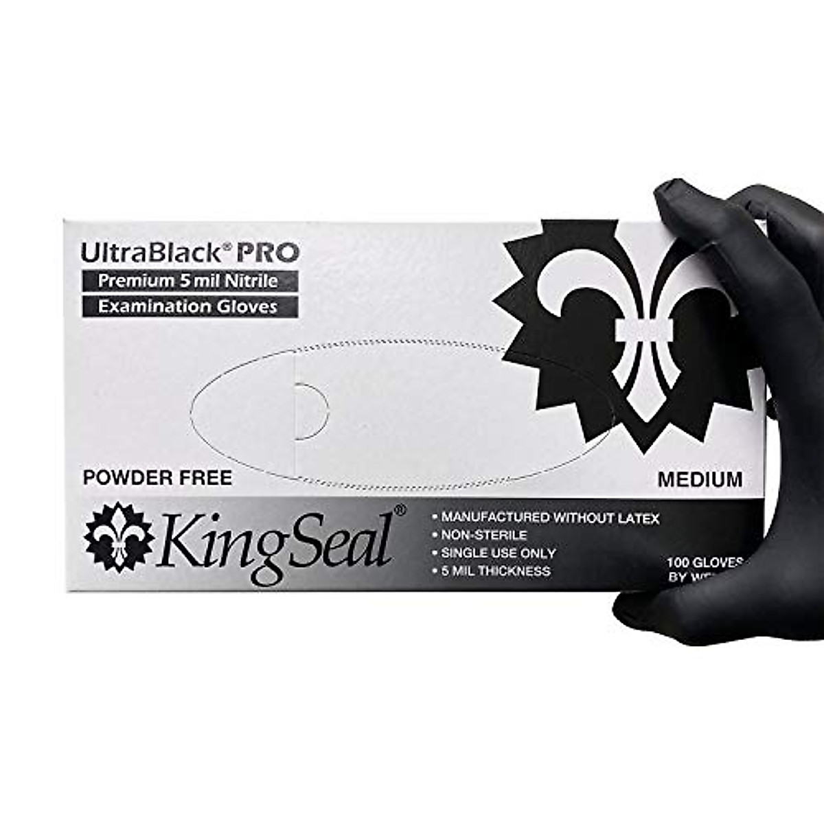 KingSeal UltraBlack-PRO Medium Nitrile Medical Grade Exam Gloves, Black, 5 MIL, Textured Fingertips - 1 Box of 100 Gloves