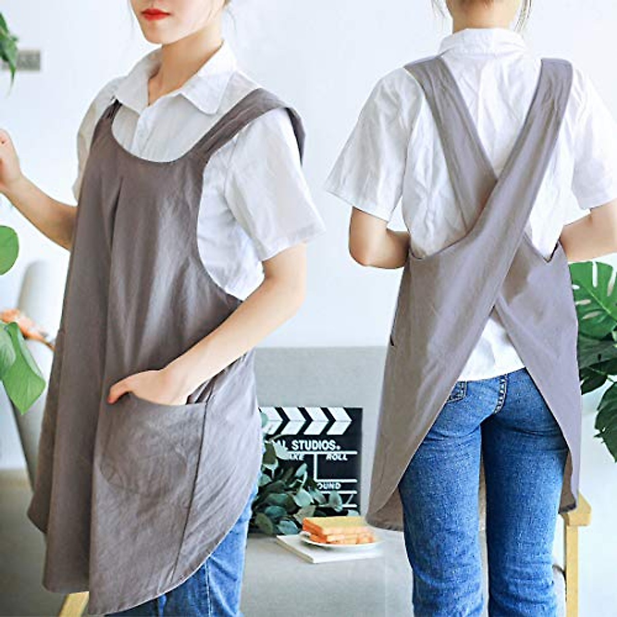 NEWGEM Japanese Linen Cross Back Kitchen Cooking Aprons for Women with Pockets Cute for Baking Painting Gardening Cleaning Gray