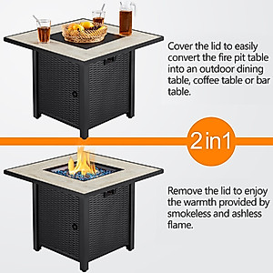 Yaheetech 30" Propane Gas Fire Pit Table 50,000 BTU Square Gas Fire Table with Ceramic Tabletop and Blue Fire Glass for Outdoor /Patio with Rattan Pattern Steel Base/Lid, Black