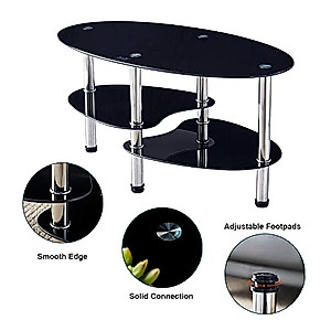 Oval-Shaped Glass Tea Table for Office, 3-Tier Modern Coffee Table, End Table for Living Room (Black)