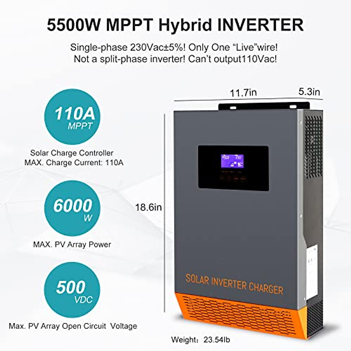 PowMr Solar Inverter 5500W 48V to 230Vac,Off-Grid Hybrid Power Inverter Built-in 110A MPPT Controller, Max.PV Input 6000W, 500V and fit for Lead-Acid, Lithium and no Battery