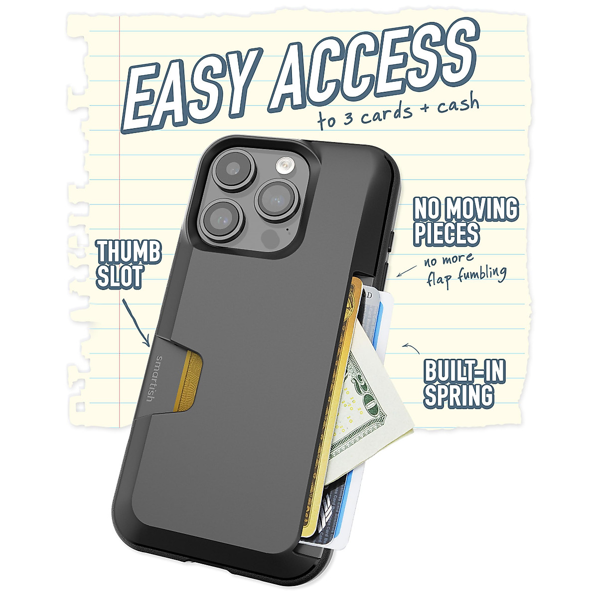 Smartish iPhone 15 Pro Wallet Case - Wallet Slayer Vol. 1 [Slim + Protective] Credit Card Holder - Drop Tested Hidden Card Slot Cover Compatible with Apple iPhone 15 Pro Case Wallet - Black Tie Affair