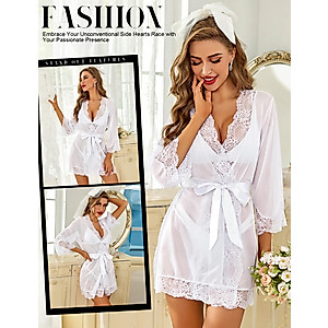 RSLOVE Women Lace Kimono Robe Babydoll Chemise Lingerie Bride Robe for Wedding Party White S