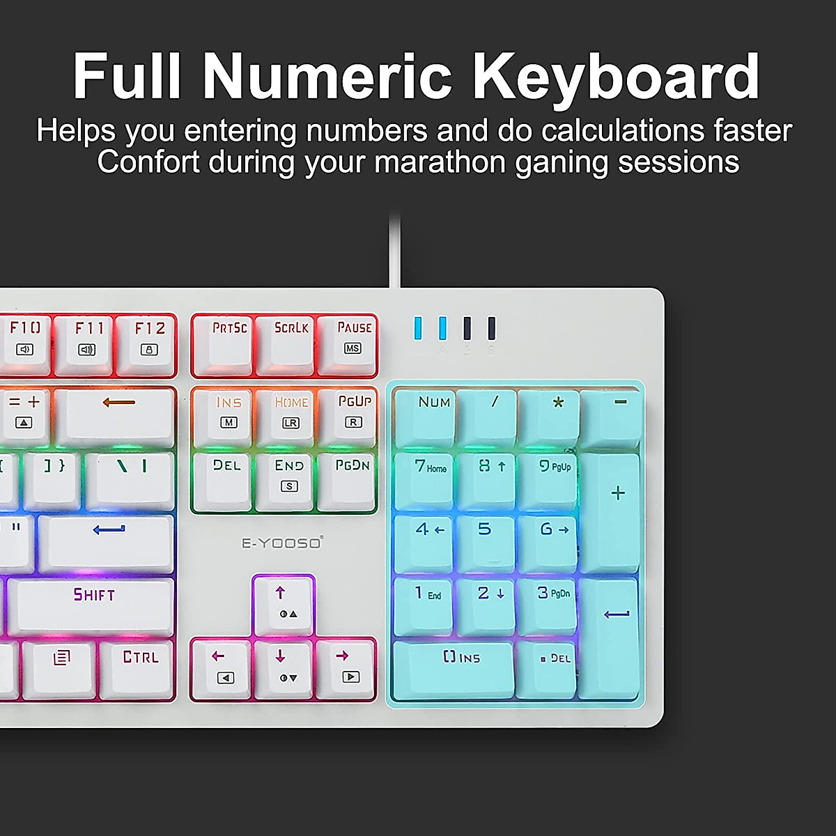 Mechanical Gaming Keyboard, E-YOOSO K-682 Rainbow LED Backlit and RGB Side Light 104 Key, High-Speed USB Data Cable-Suitable for Games and Office