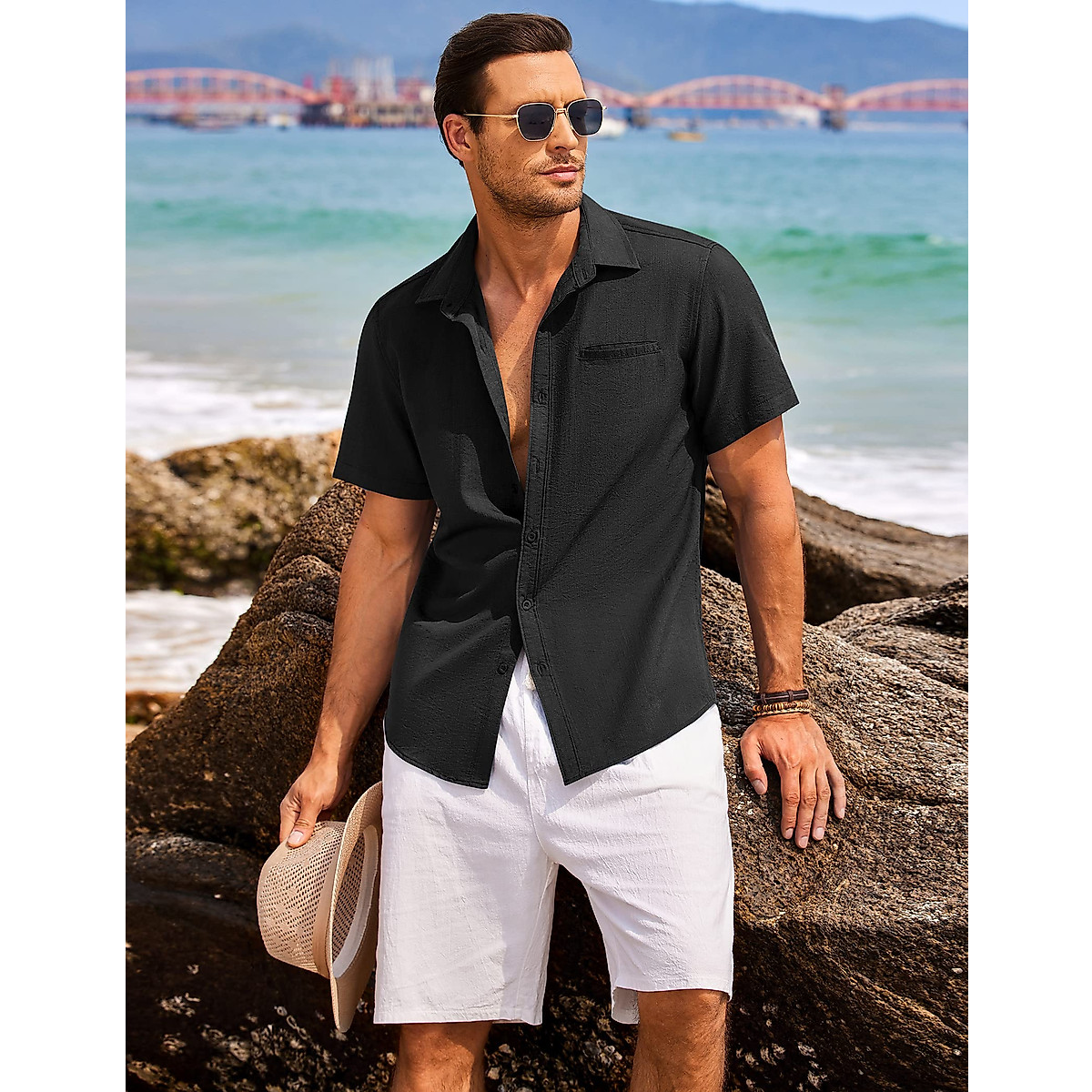 COOFANDY Mens Black Short Sleeve Button Down Shirts Summer Beach Linen Shirts Lightweight Resort Wear Shirts