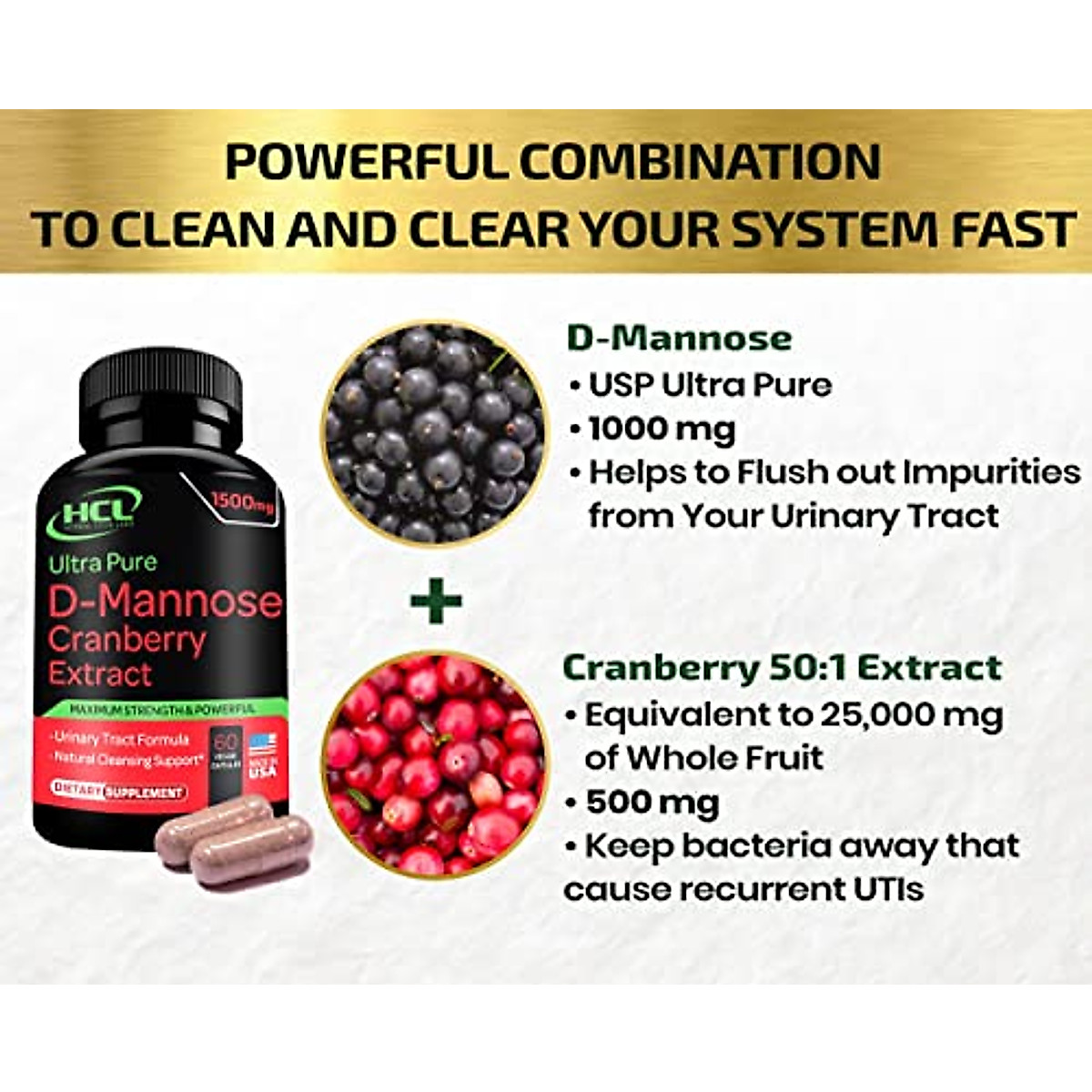 HCL HERBAL CODE LABS D-Mannose with Cranberry Extract Capsules 1500mg Super Strength Pills – Fast-Acting UTI Urinary Tract – Bladder Health Supplement