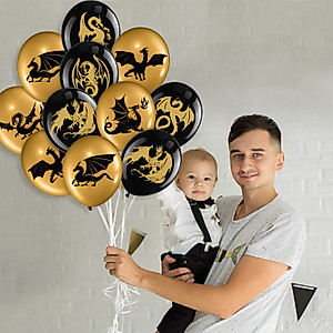 50 Pieces Dragon Theme Party Supplies, Dragon Theme Party Balloons, Black Gold Dragon Balloons Birthday Decoration Dragon Theme Party Picks Fantasy Party for Dragon Fantasy Party Supplies, 12 Inches