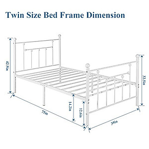 VECELO Twin Size Metal Platform Bed Frame with Headboard and Footboard, Sturdy Steel Slat Support/No Box Spring Needed Mattress Foundation/Easy Assemble，Victorian Style, Pure White