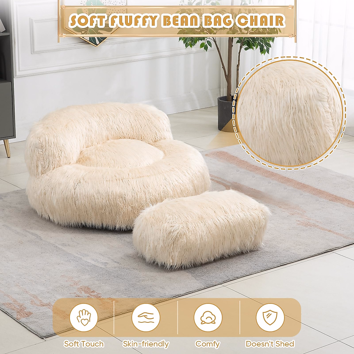 Fluffy Bean Bag Chair with Ottoman, Comfy Bean Bag for Adults and Kids, Ultra Soft Lazy Sofa Chair with Memory Sponge, Indoor Modern Accent Beanbag Chairs for Living Room, Bedroom, Apartment, Beige