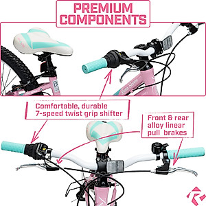 Revere Kids 24" Girls 7-Speed Cruiser Children's Bicycle for Ages 7-11 Years Old. Lightweight Aluminum Frame and Fork, Easy to Ride! (Pink/Cyan)
