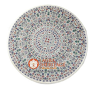 White Marble Round Dining Table Top Multi Marquetry Inlay Stunning Design Home Interior Decor