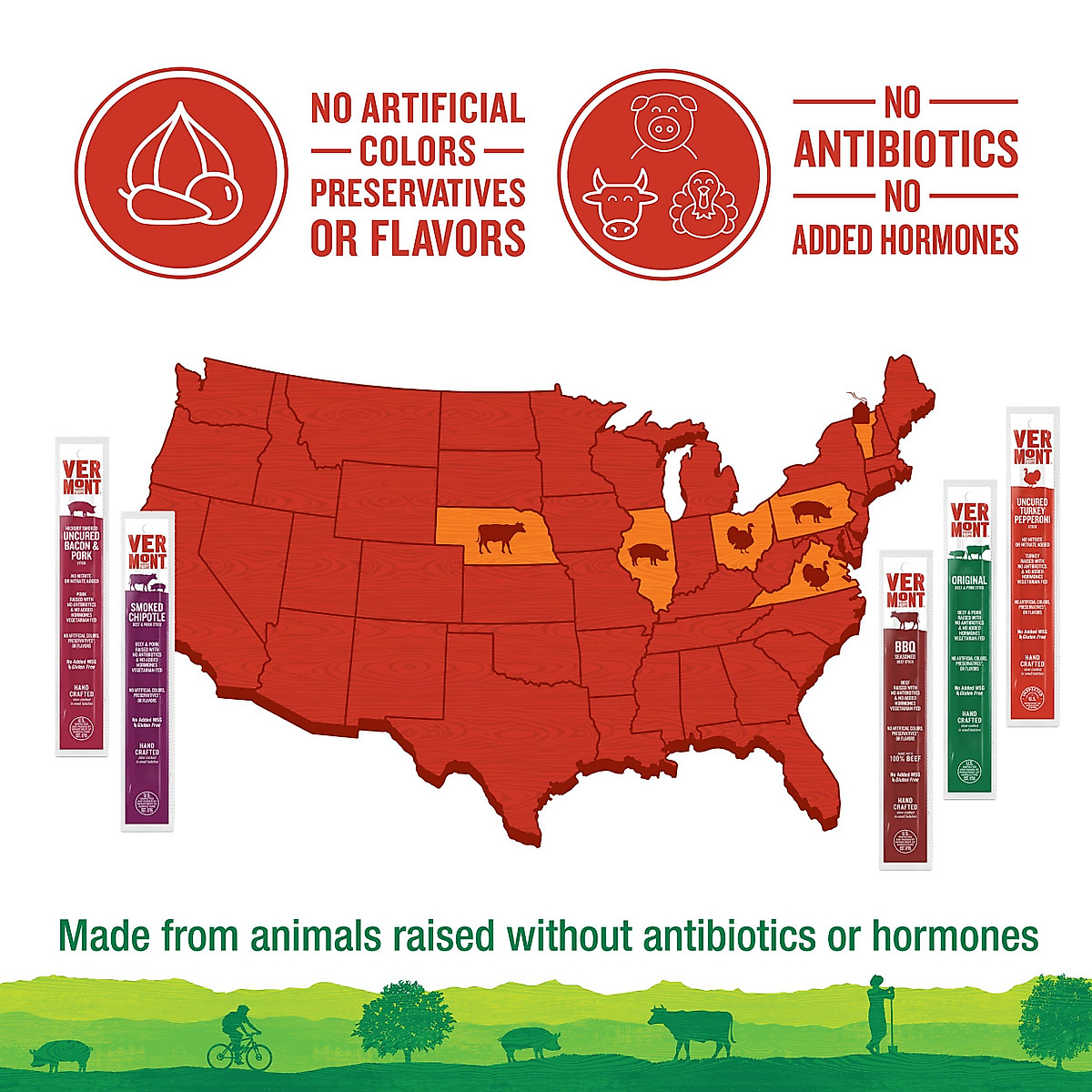 Snack Sticks by Vermont Smoke & Cure – Original Flavor – Beef & Pork – Healthy Meat Protein – 1oz Jerky Stick – 24 count carton