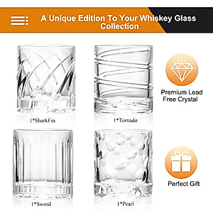 LURRIER Whiskey Glass set of 4,Old Fashioned Whiskey Glasses,10 oz Crystal Whiskey Glass for Scotch,Bourbon,4 Patterns Spinning Whiskey Glass Set,Whiskey Glasses gift with 4 Ice Molds Gift for Men