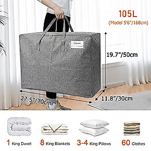 Polecasa 105L Extra Large Reusable Storage Bag with Strong Handles & Zippers, Heavy Duty Washable Moving Bags, Waterproof Closet, Underbed Organizer for Blanket, Comforter, Pillow, No Smell, Grey