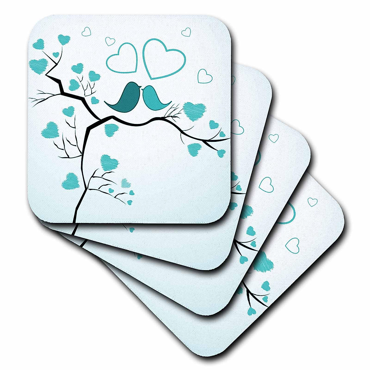 3dRose CST_101640_1 Two Kissing Love Birds and Hearts in Turquoise-Soft Coasters, Set of 4