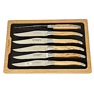 Laguiole en Aubrac Luxury Fully Forged Full Tang Stainless Steel Steak Knives 6-Piece Set with Olivewood Handle, Stainless Steel Matte Bolsters