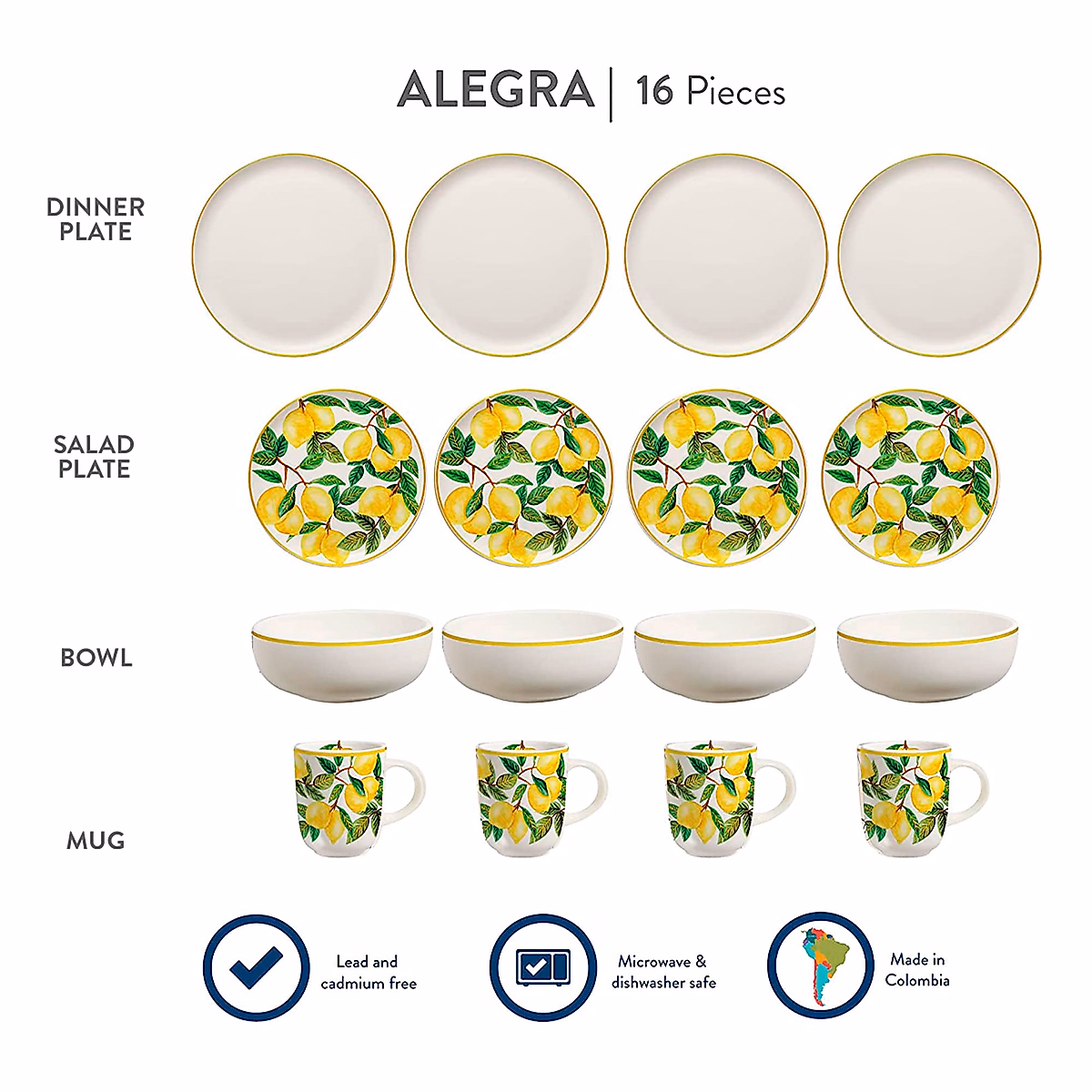 Corona Dinnerware Set 16– piece, Plates Bowls and Mugs Set, Ceramic Sets for 4, Microwave and Dishwasher Safe, Alegra Yellow Lemon Design