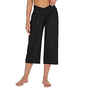 FAYLR Womens Wide Leg Capri Yoga Lounge Summer Loose Pullover Crossover High Waist Capri Pants with Pockets Black Large