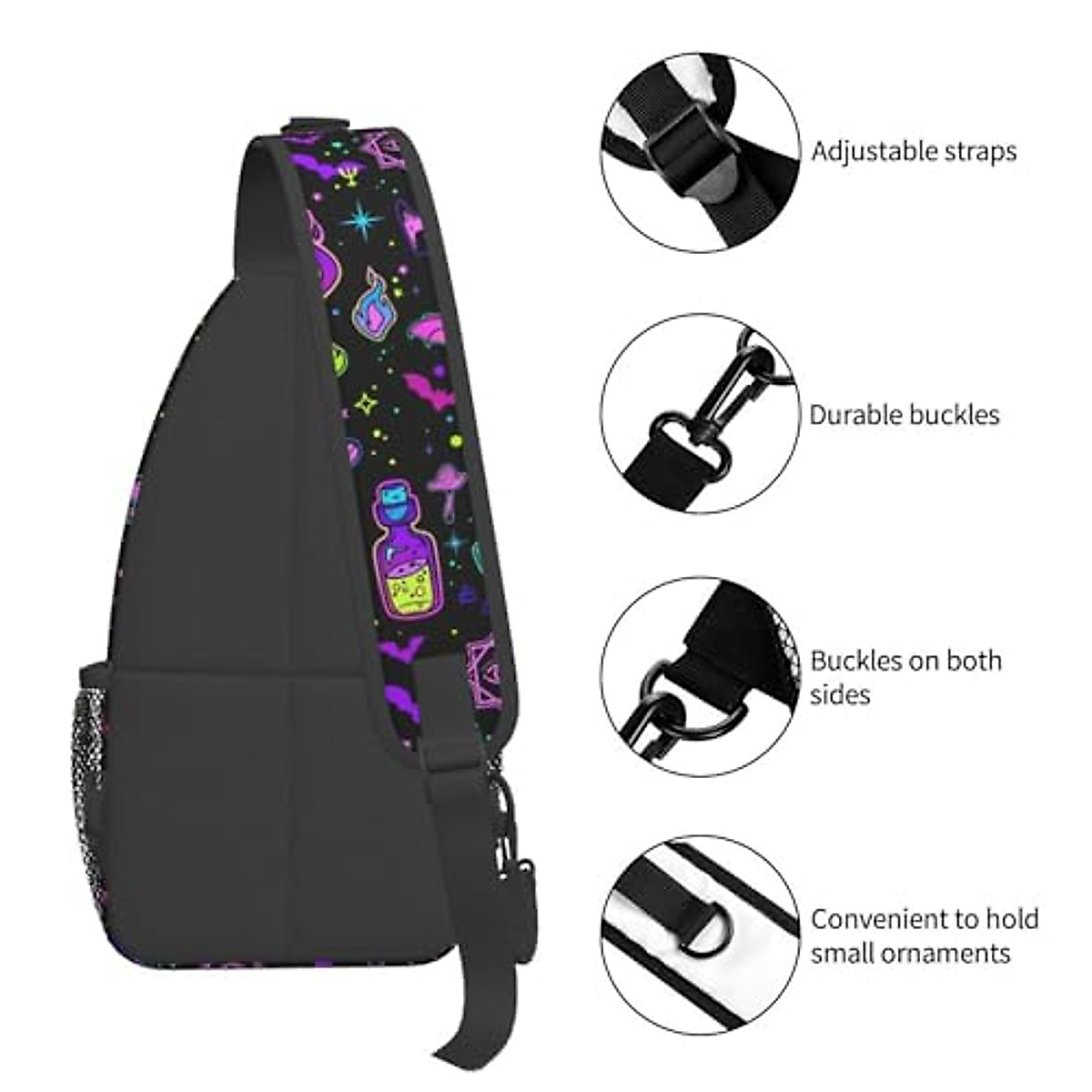 JSHXJBWR Bright Witchy Elements Sling Bag For Women Men Funny Halloween Crossbody Shoulder Bags Backpack Adjustable Casual Daypacks Chest Bag For Hiking Travel Cycling