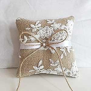 LABJULY Ring Bearer Pillows Lace Bow Flower for Fall Wedding Ceremony with Vintage Rustic Lace Bow Pearl Embroidered Flower Ribbon (6 inch)