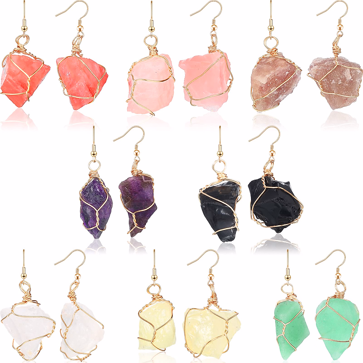 8 Pairs Handmade Crystal Drop Earrings for Women Natural Raw Amethyst Dangling Earrings Healing Crystals Earrings Sets(Novel Style)