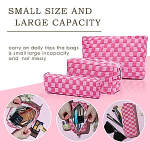 Jeeoy Large Capacity Makeup Bag Set Pink Checkered Makeup Bags 3 Pieces Canvas Travel Makeup Bag Organizer Travel Toiletry Bag Storage Bag for Women