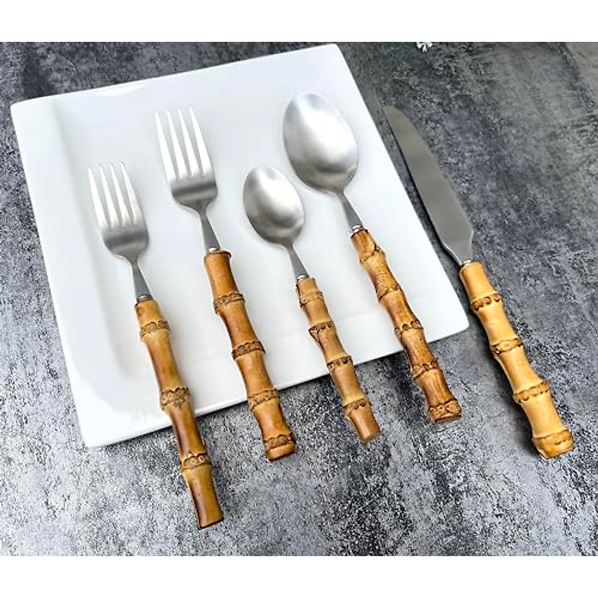 Nature Real Bamboo Handle Flatware 5-Piece Set, Stainless Steel 18/10 Food Safety Grade Silverware Cutlery Set Eating Utensils Matte Silver (Nature bamboo 5 pcs set)